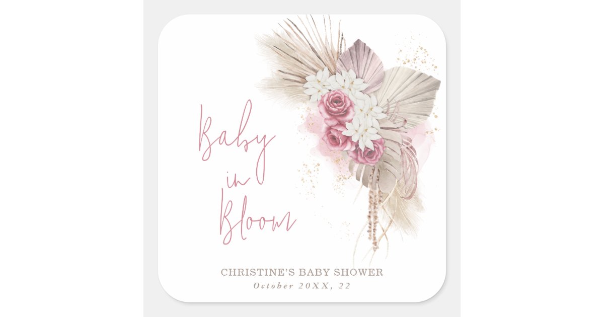 Baby In Bloom Boho Roses Baby Shower Square Sticker | Zazzle