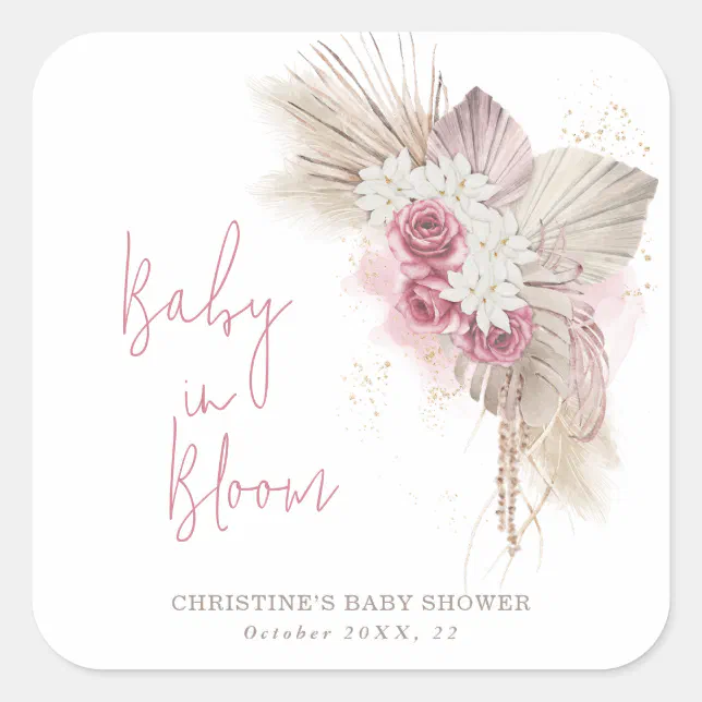 Baby In Bloom Boho Roses Baby Shower Square Sticker | Zazzle
