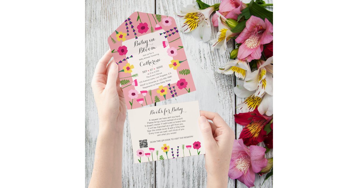 Baby In Bloom Colorful Floral QR Code Baby Shower All In One Invitation ...