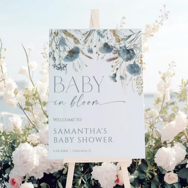 Baby in Bloom dusty blue boy baby shower welcome Foam Board | Zazzle