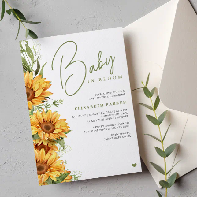 Baby in bloom elegant sunflower baby shower invitation | Zazzle
