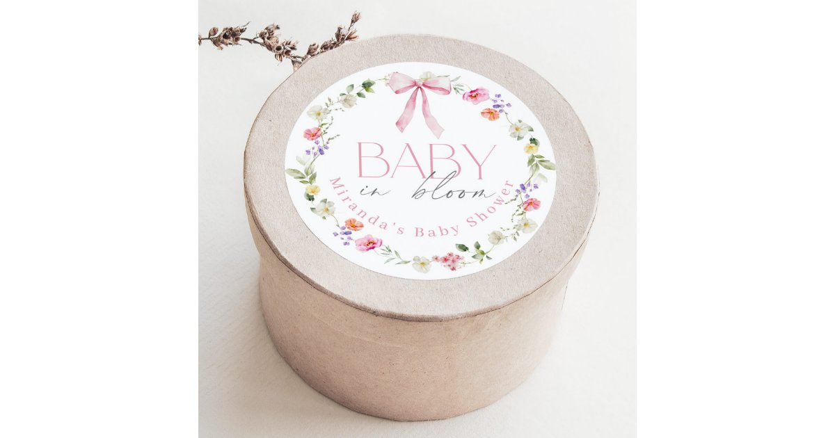 Baby in Bloom Pink Bow floral Baby shower Classic Round Sticker | Zazzle