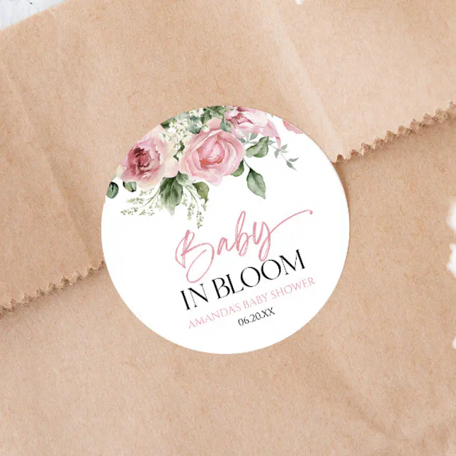 Baby In Bloom Pink Rose Floral Baby Shower Classic Round Sticker | Zazzle