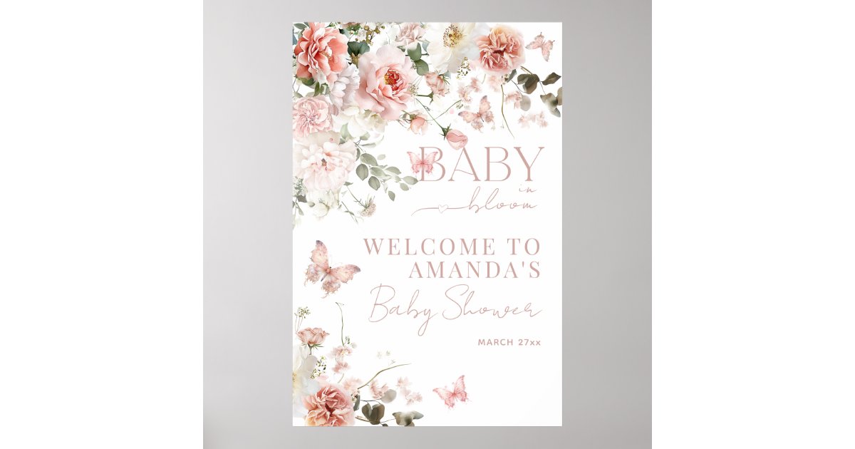 Baby in Bloom Pink Roses Floral Girl Baby Shower Poster | Zazzle
