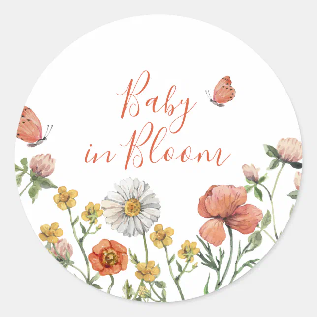 Baby in Bloom Wildflower baby shower Classic Round Sticker | Zazzle