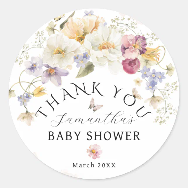 Baby in bloom Wildflower Rustic Baby Shower Classic Round Sticker | Zazzle
