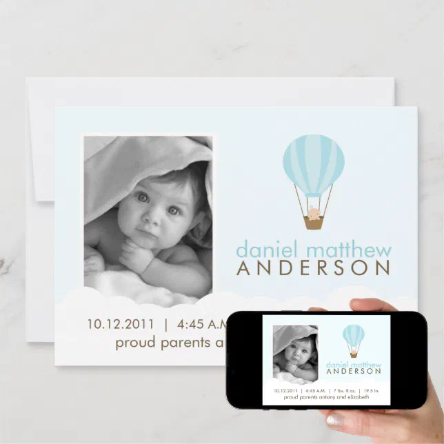 Baby in Hot Air Balloon Birth Announcements | Zazzle