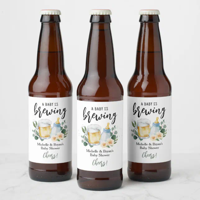 Baby Is Brewing Greenery Baby Shower Cheers Beer Bottle Label | Zazzle