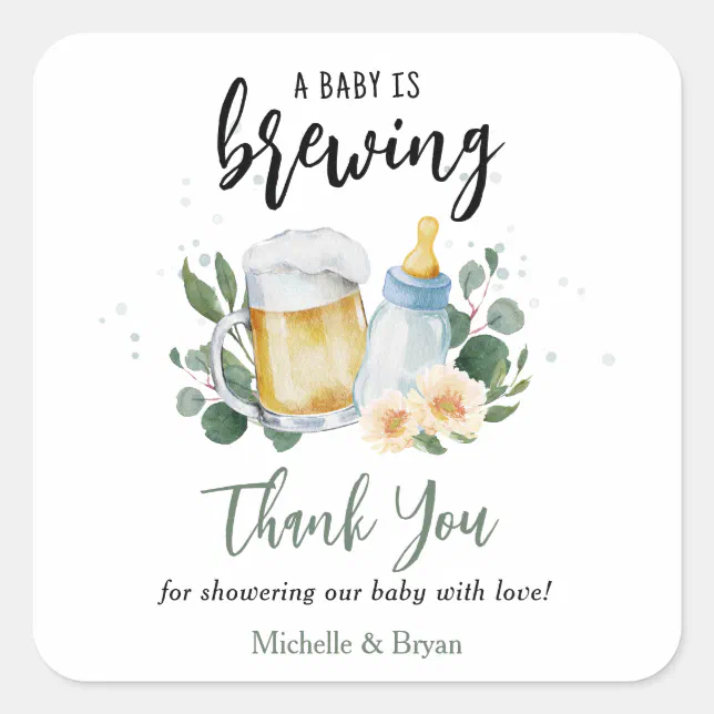 Baby Is Brewing Greenery Baby Shower Thank You Square Sticker | Zazzle
