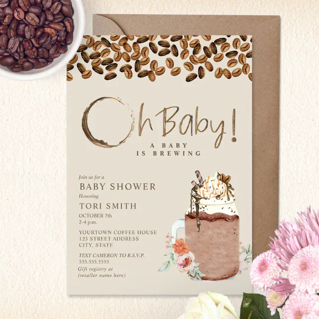 Baby Is Brewing Iced Coffee Floral Oh Baby Shower Invitation | Zazzle