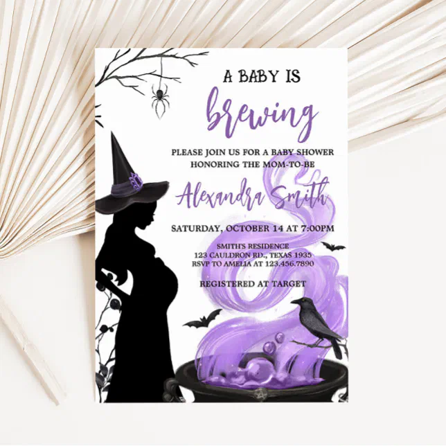 Baby is Brewing Purple Witch Baby Shower Invitation | Zazzle