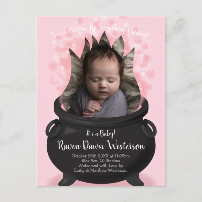 Baby is Brewing Witch Birth Announcement Pink Girl Postcard | Zazzle