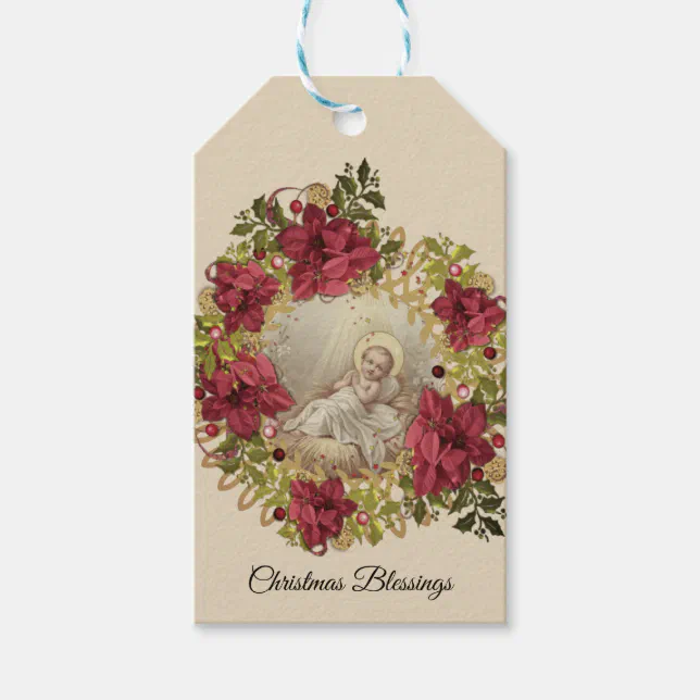 Baby Jesus Christmas Floral Religious Wreath Gift Tags | Zazzle