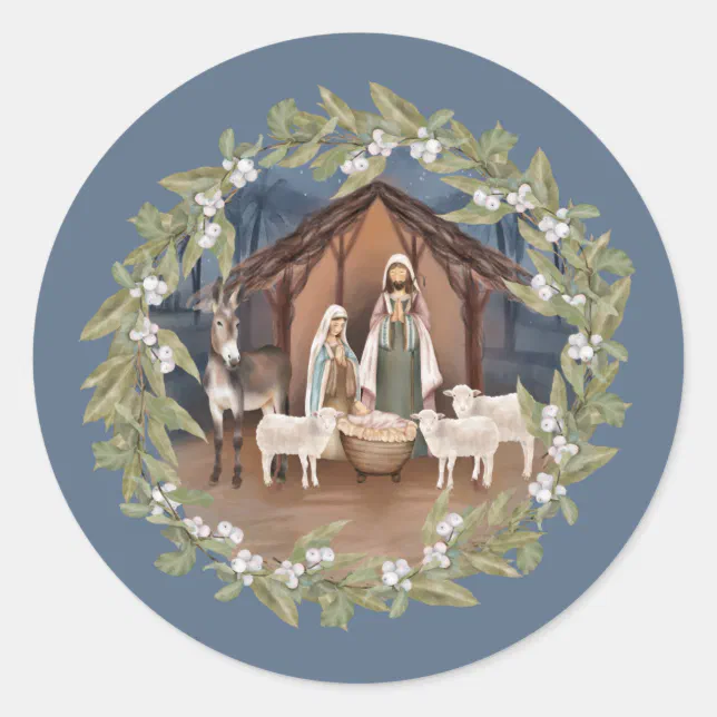 Baby Jesus in the Manger Nativity Classic Round Sticker | Zazzle