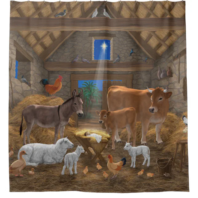 Baby Jesus Manger Holy Night Christmas Nativity Shower Curtain | Zazzle