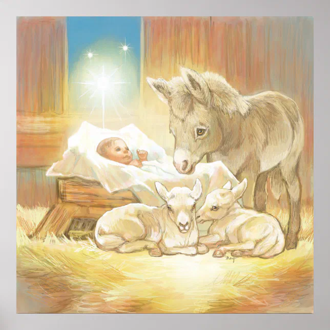Baby Jesus Nativity with Lambs and Donkey Poster | Zazzle