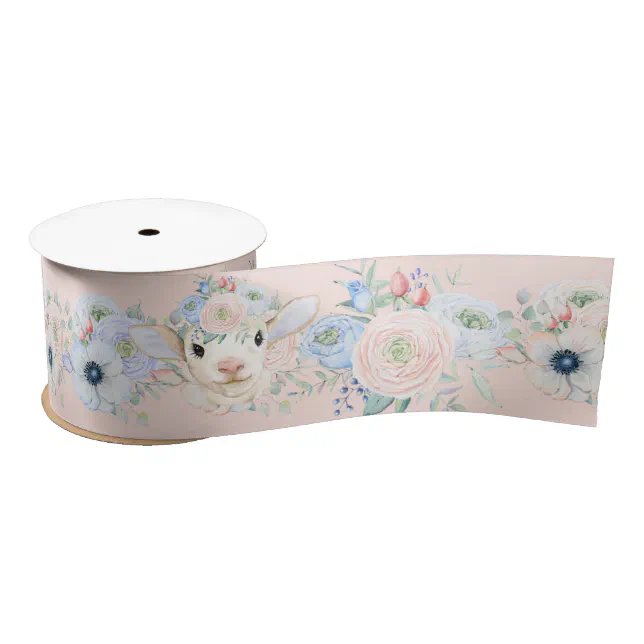 Baby Lamb Pink Blue Gender Neutral Reveal Satin Ribbon | Zazzle