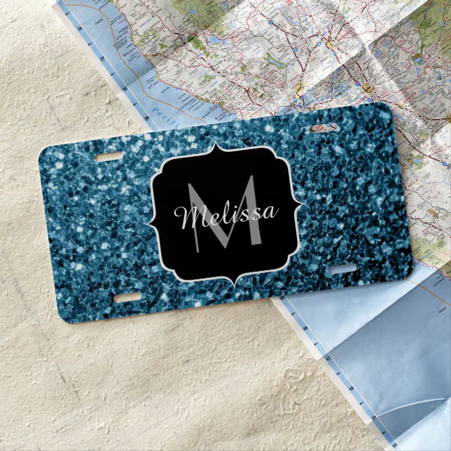 Baby light blue faux glitter sparkles Monogram License Plate | Zazzle