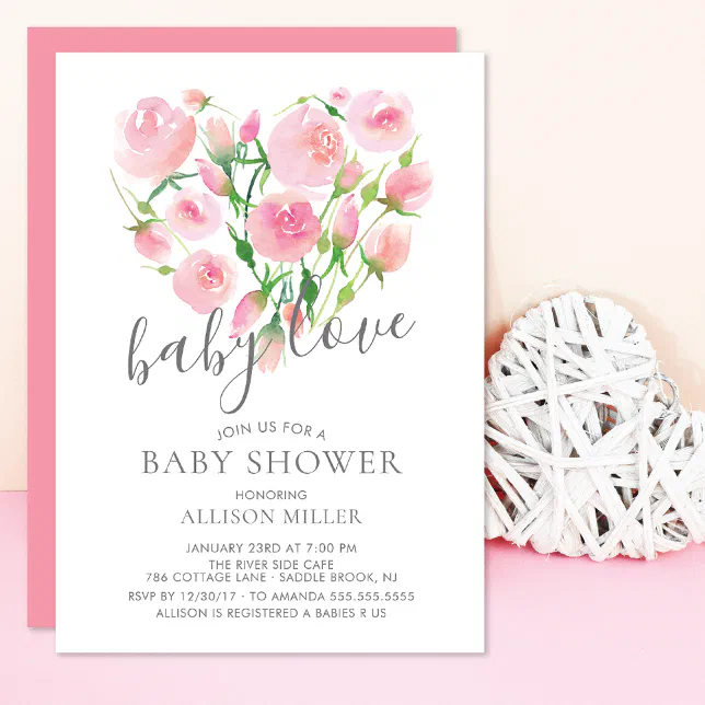Baby Love Floral Heart Girl Baby Shower Invitation | Zazzle