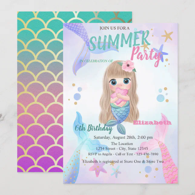 Baby Mermaid Scales Seastars Birthday Party Invitation | Zazzle