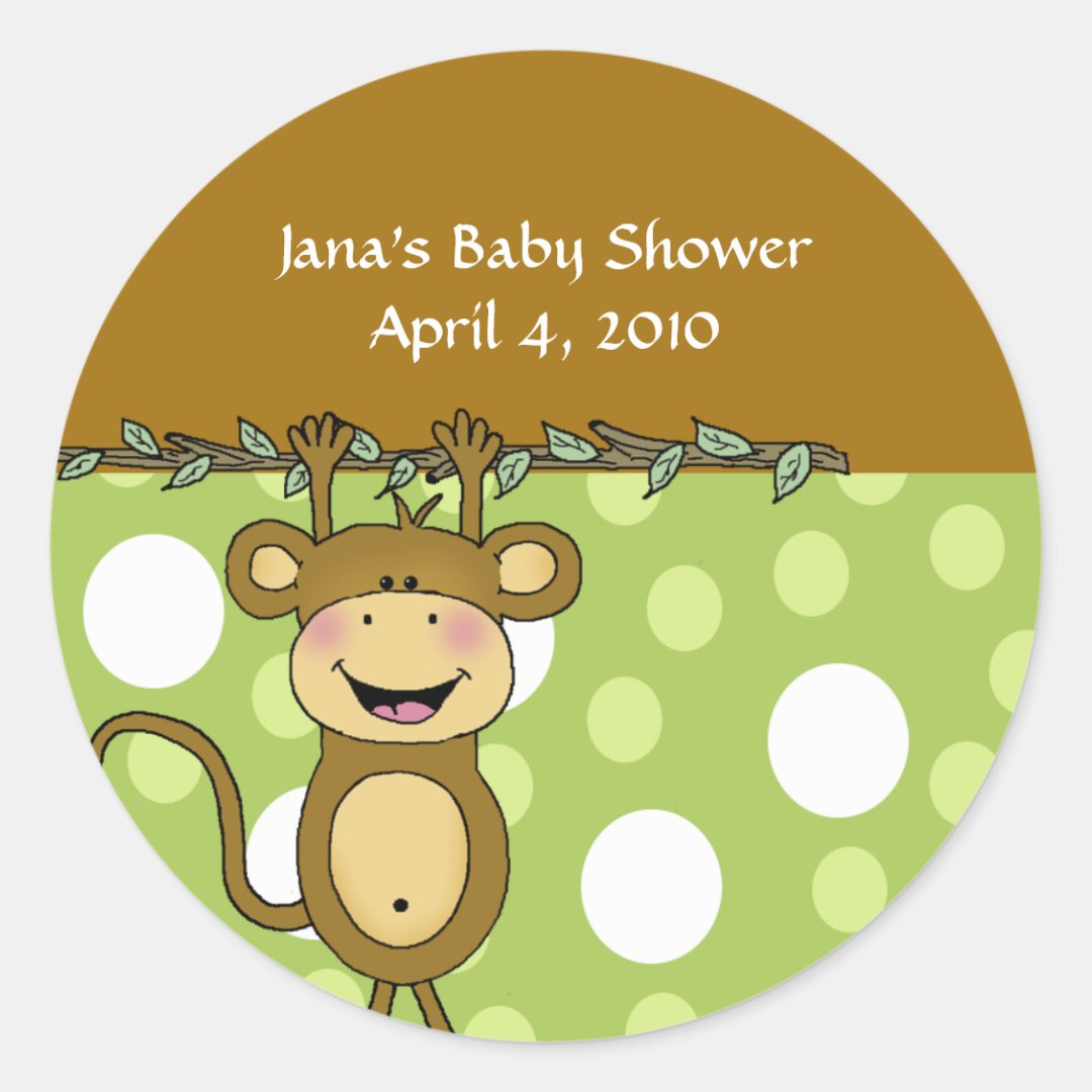 BABY MONKEY Round Baby Shower Favor Stickers | Zazzle