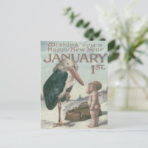 Baby New Year Cherub Angel Stork Holiday Postcard | Zazzle