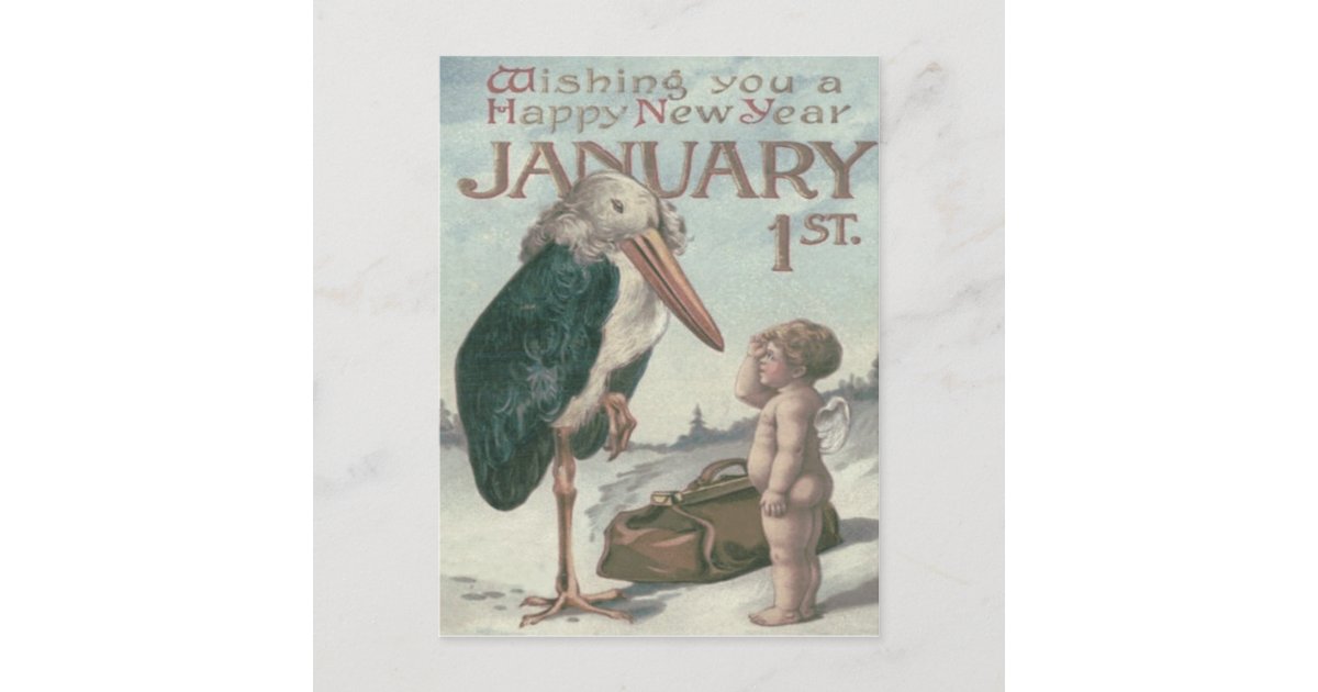 Baby New Year Cherub Angel Stork Holiday Postcard | Zazzle