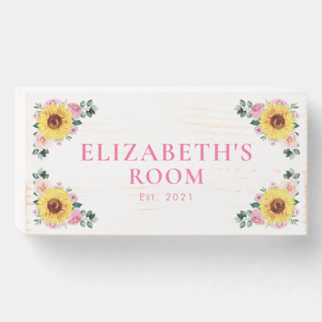 Baby Nursery Sunflower Pink Floral Name Wooden Box Sign | Zazzle