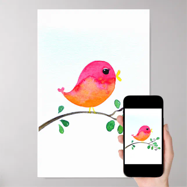Baby Nursery wallart_ Watercolor Pink Bird Poster | Zazzle