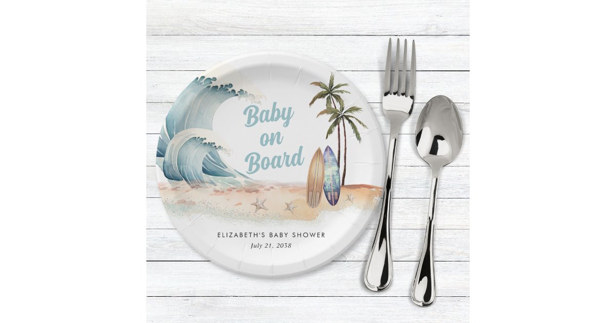 Baby On Board Beach Surfing Baby Shower Paper Plates | Zazzle