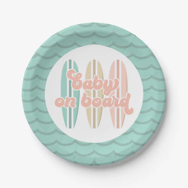Baby on Board Surfboard Beach Baby Shower Paper Pl Paper Plates | Zazzle