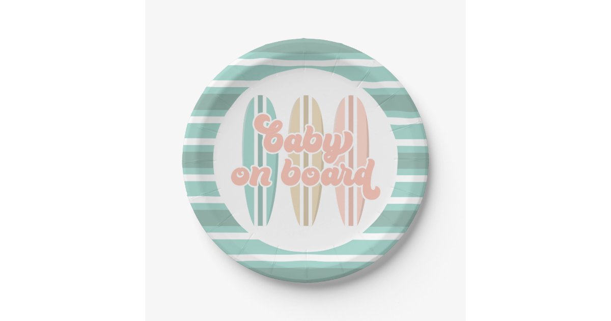 Baby on Board Surfboard Beach Baby Shower Paper Plates | Zazzle