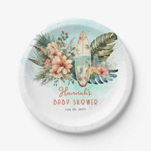 Baby on Board Tropical Surf Neutral Baby Shower Paper Plates | Zazzle