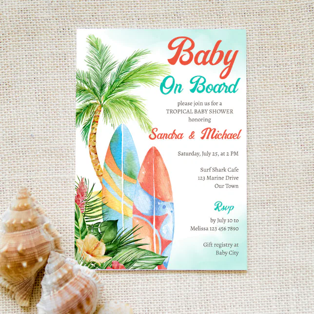 Baby on board tropical surfing beach baby shower invitation | Zazzle