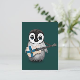 Baby Penguin Playing Finnish Flag Guitar Teal Postcard | Zazzle