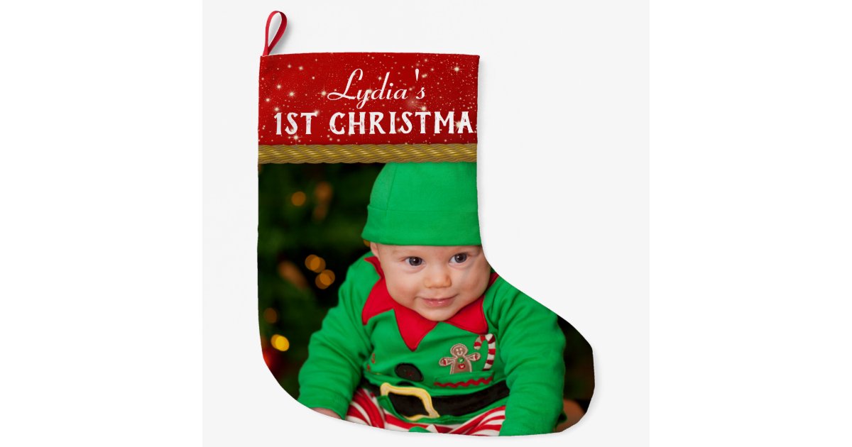 Baby Photo Baby’s First Christmas Large Christmas Stocking | Zazzle