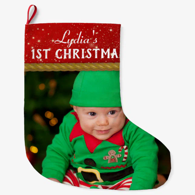 Baby Photo Baby’s First Christmas Large Christmas Stocking | Zazzle