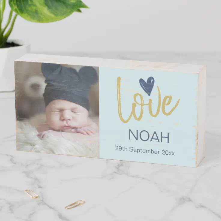 Baby Photo Cute Modern Script Personal Blue Heart Wooden Box Sign | Zazzle