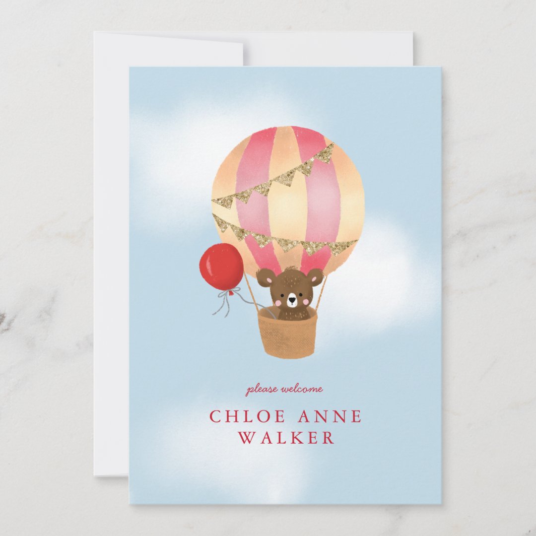 Baby Photo Cute Red Hot Air Balloon Birth Announcement | Zazzle