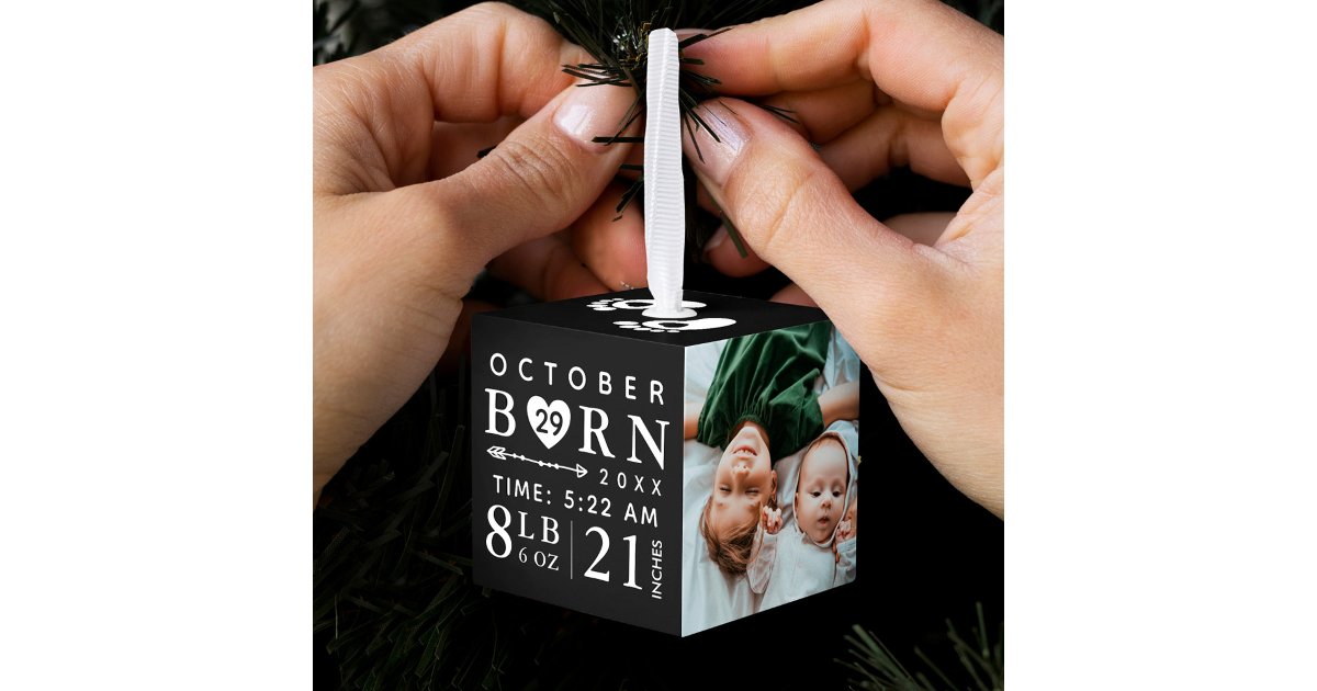 Baby Photo Keepsake & Birth Stats Black Monogram Cube Ornament | Zazzle
