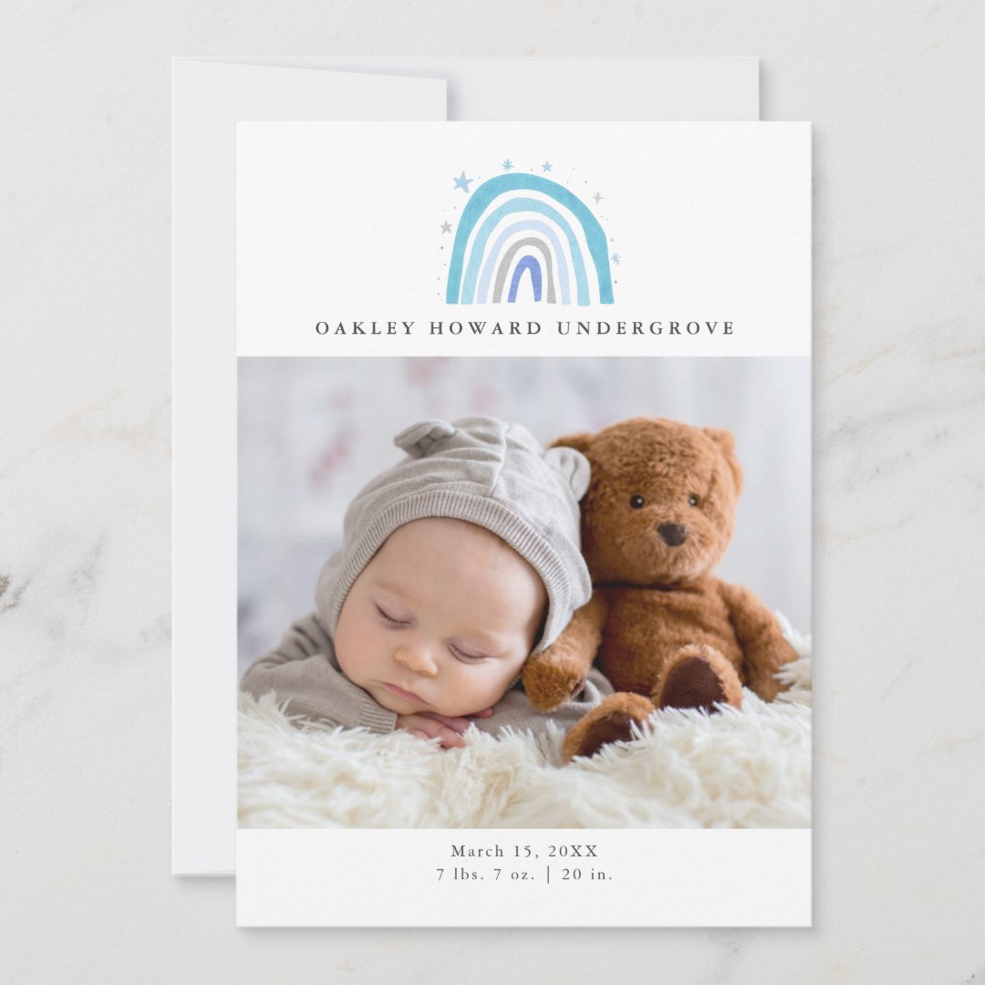 Baby Photo Modern Blue Rainbow Birth Announcement | Zazzle