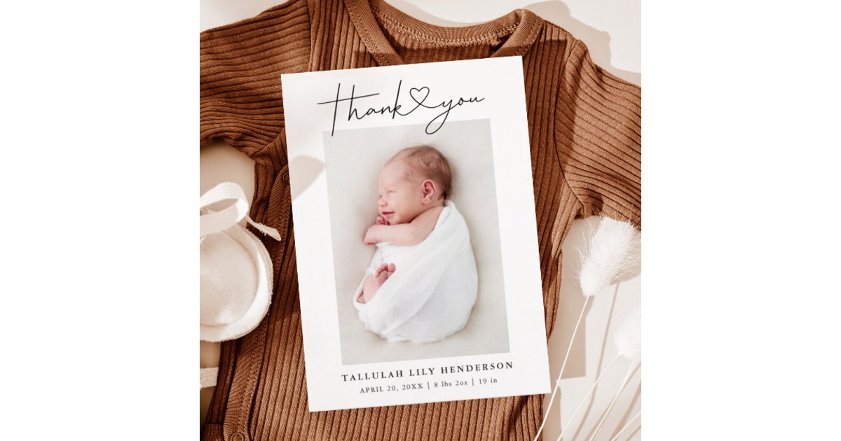 Baby Photo Thank You Heart Modern Birth Announcement Postcard | Zazzle