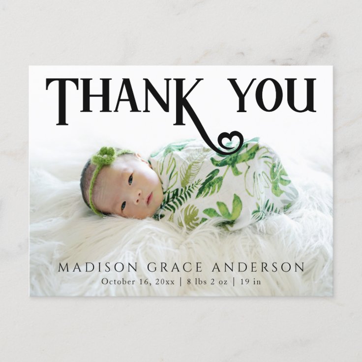 Baby Photo Thank You Modern Heart Birth Announcement Postcard | Zazzle