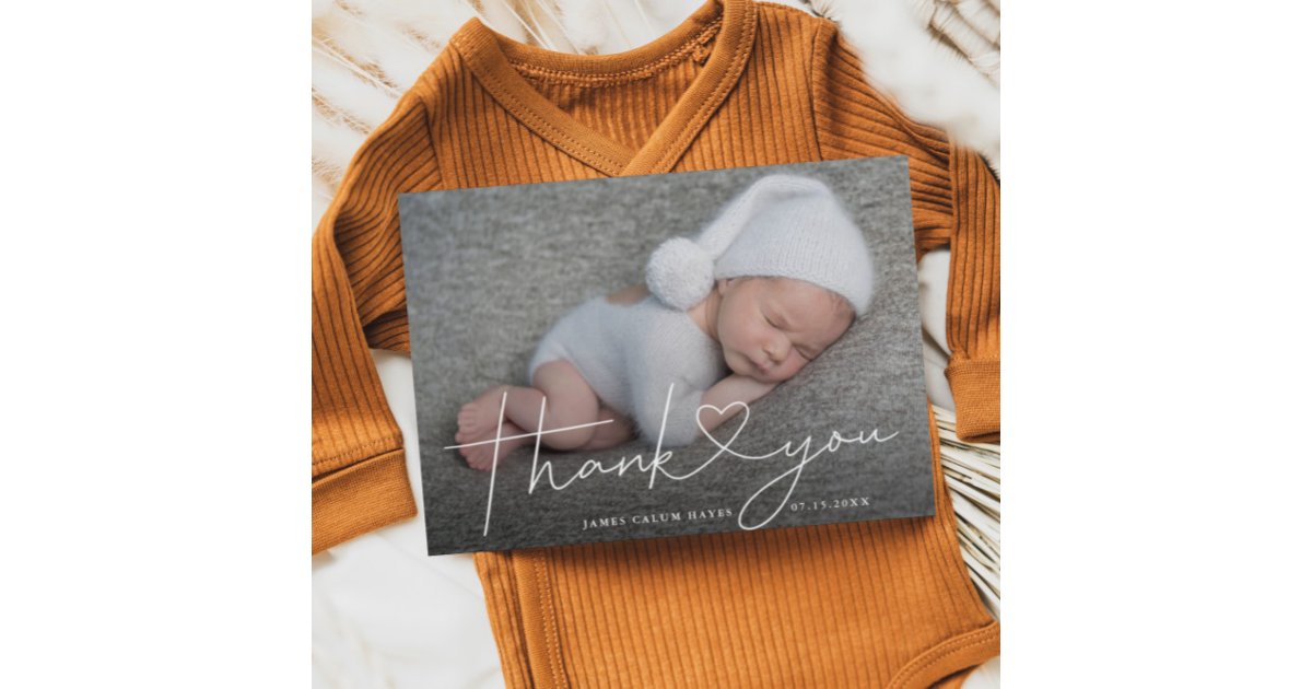 Baby Photo Thank You Script Heart Birth Announcement | Zazzle