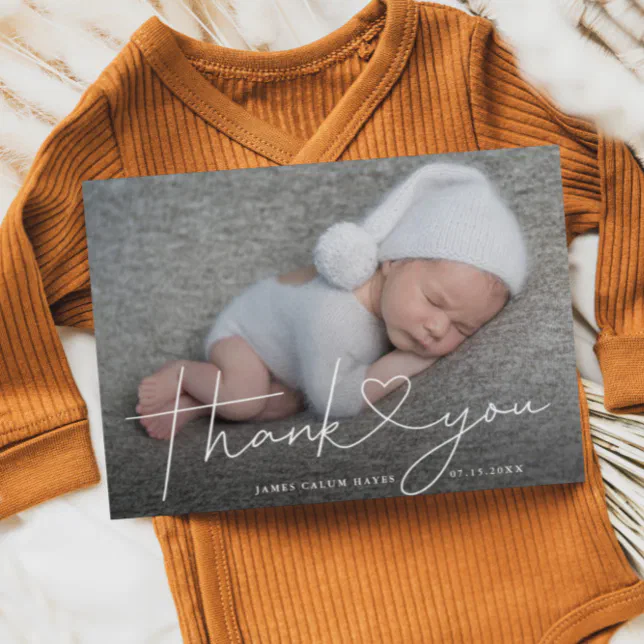 Baby Photo Thank You Script Heart Birth Announcement | Zazzle