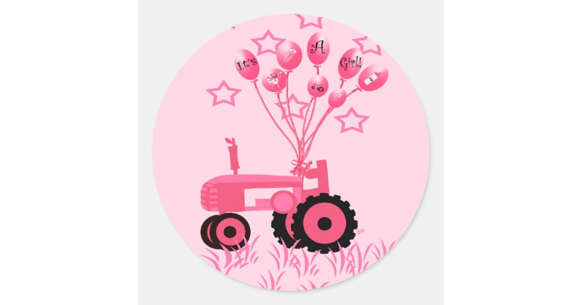 Baby Pink Tractor with Balloons Stickers | Zazzle