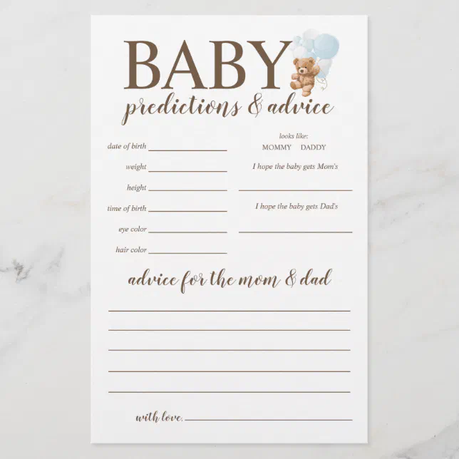 Baby Predictions and Advice Blue Teddy Bear Game Flyer | Zazzle