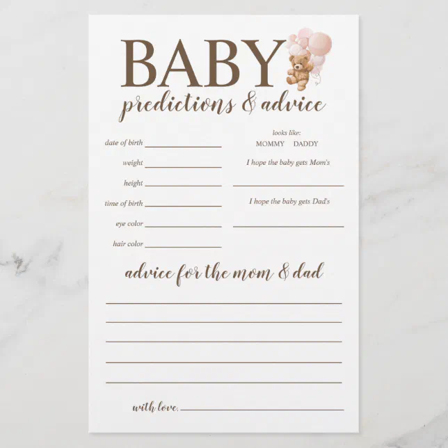 Baby Predictions and Advice Pink Teddy Bear Game Flyer | Zazzle