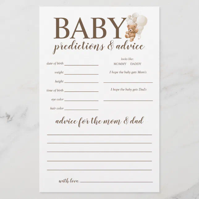 Baby Predictions and Advice Teddy Bear Game Flyer | Zazzle