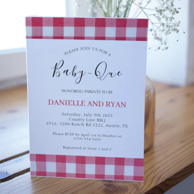 Baby Q Baby Shower Barbecue Checkered Red Couple Invitation | Zazzle